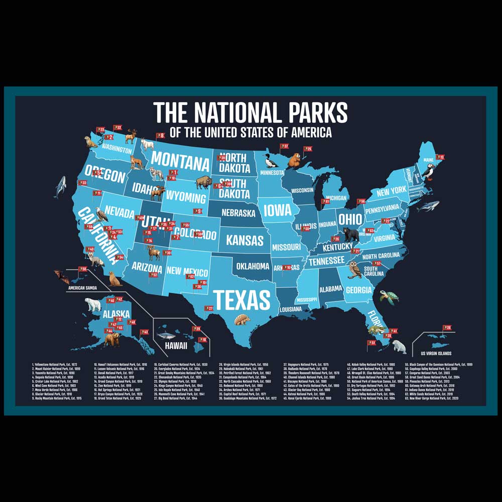 USA National Park Map - 63 Parks with Animals – National Parks Collective